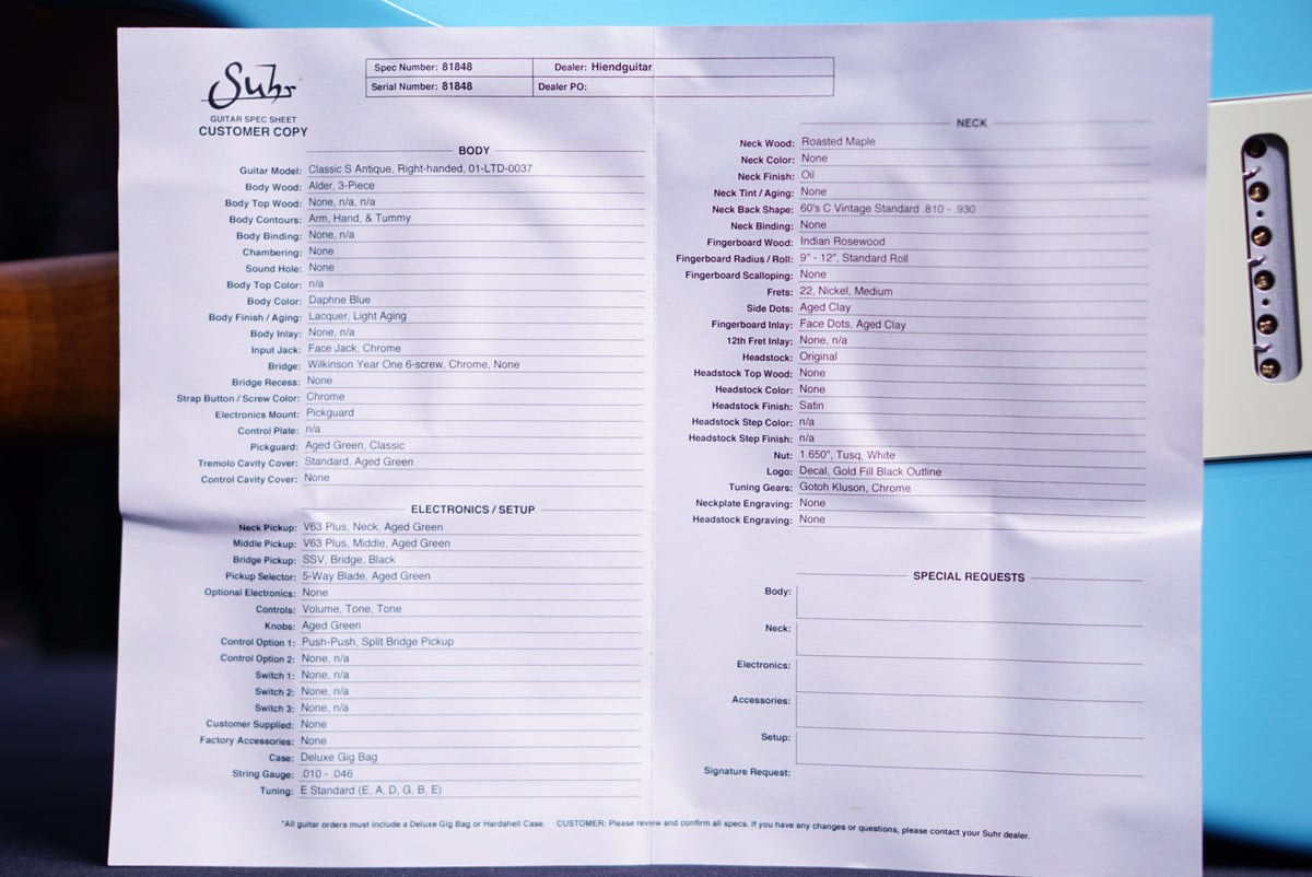 Suhr classic s vintage Limited Edition daphnae blue 81848